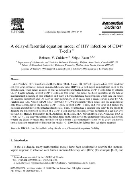 A Delay Differential Equation Model Of Hiv Infection Of Cd4 T Cells Mat 275 Docsity