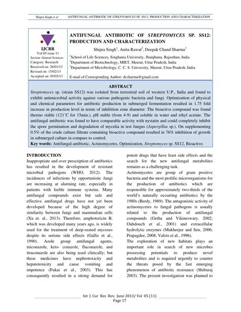 Pdf Antifungal Antibiotic Production By Streptomyces Sp Isolated