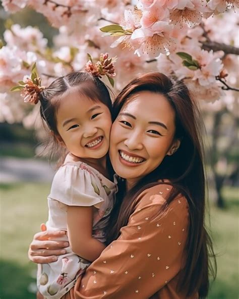 Premium Ai Image Smiling Asian Mother And Daughter Hugging Outdoors