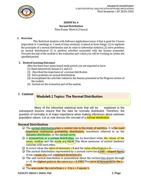 Lesson 6 Pdf Normal Distribution Mean