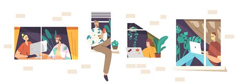 윈도우에서 편안한 프리랜서 원격 작업장 프리랜서 자영업 직업 개념 아웃소싱 직원 Brand Name Smart Phone에 대한 스톡 벡터 아트 및 기타 이미지