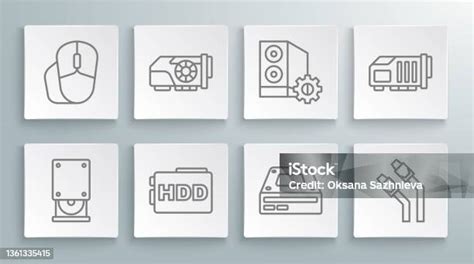 세트 라인 광학 디스크 드라이브 비디오 그래픽 카드 하드 디스크 Hdd Lan 케이블 네트워크 인터넷 컴퓨터 의 경우 및 컴퓨터 마우스 아이콘 벡터 Cpu에 대한 스톡 벡터