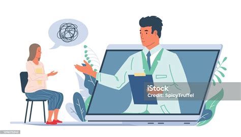 온라인 심리 지원 심리학자는 화상 통화를 통해 환자를 상담 개인 문제에 대해 이야기 여자 웹 의료 전문가 상담 벡터 심리 치료 개념 인터넷에 대한 스톡 벡터 아트 및 기타