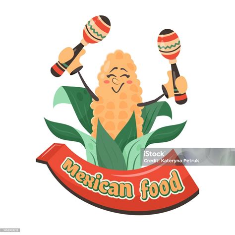 만화 만화 캐릭터 옥수수와 마라카스 프레임에 멕시코 음식 텍스트입니다 요리 메뉴 포스터 전단지 배너 배달 요리 개념에 대한 낙서 그린 벡터 그림 귀여운에 대한 스톡 벡터