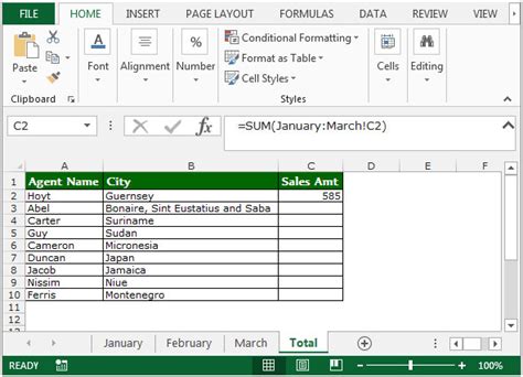 Summing Data From A Cell In A Number Of Sheets In Microsoft Excel 2010