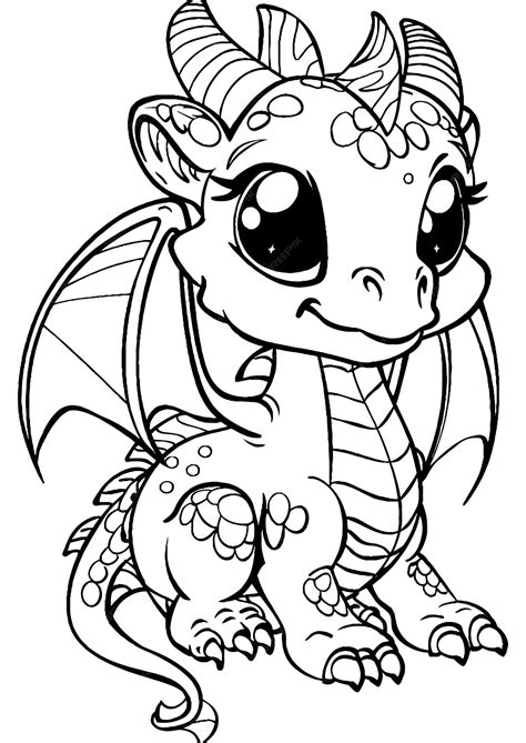 귀여운 카와이 드래곤 컬러링 페이지 귀여운카와이드래곤 라인 아트 드래곤 클로링 페이지 프리미엄 Ai 생성 벡터