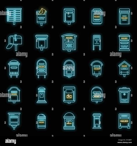 Metal Mailbox Icons Set Outline Set Of Metal Mailbox Vector Icons Neon Color On Black Stock