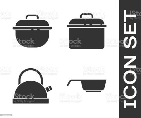 프라이팬 조리 냄비 손잡이가 있는 주전자 조리 냄비 아이콘을 설정합니다 벡터 강철에 대한 스톡 벡터 아트 및 기타 이미지 강철 금속 끓음 Istock
