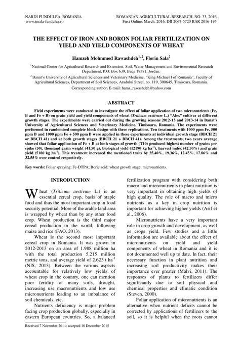 Pdf The Effect Of Iron And Boron Foliar Fertilization On Yield And Yield Components Of Wheat
