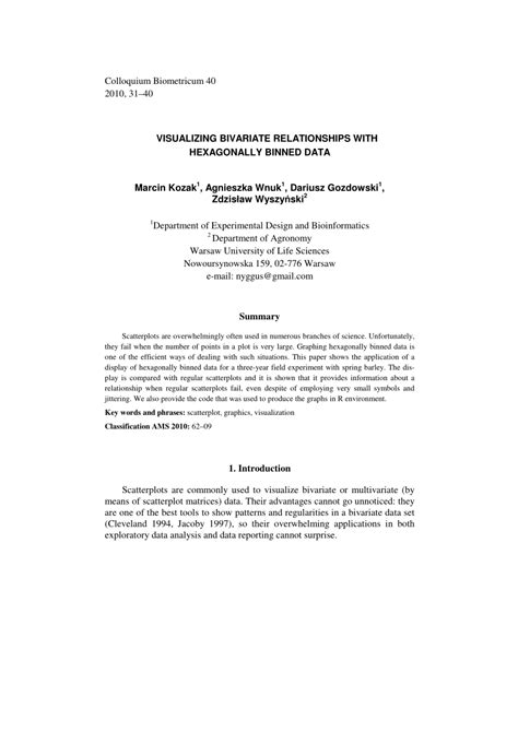 Pdf Visualizing Bivariate Relationships With Hexagonally Binned Data