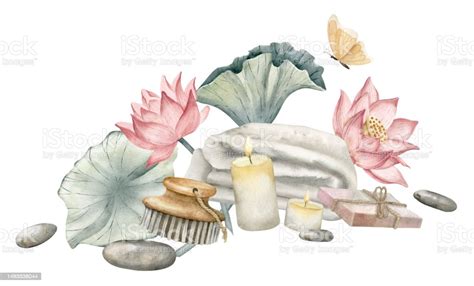 바디 케어 제품과 연꽃은 하얀 고립된 배경에 있다 손으로 그린 스파 화장품의 수채화 그림은 아이콘이나 로고를 위한 수건과 마사지 브러시가 있다 스킨케어 조성물 도면 백합에
