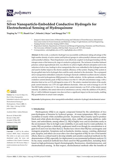 Pdf Silver Nanoparticle Embedded Conductive Hydrogels For Electrochemical Sensing Of Hydroquinone