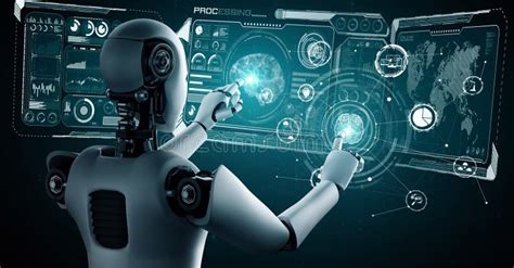 Ai Hominoid Robot Touching Virtual Hologram Screen Showing Concept Of Ai Brain Stock Image