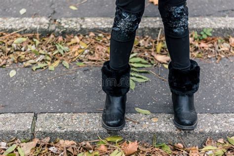 Black Shoes And Autumnal Leaves On Staircase Stock Image Image Of