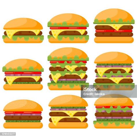 버거 플랫 벡터 일러스트 세트입니다 햄버거 치즈 버거 더블 버거 패스트 푸드 아이콘 세트 치즈버거에 대한 스톡 벡터 아트 및 기타 이미지 Istock