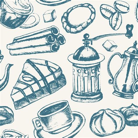 맛 있는 커피 단색 벡터 손으로 그려진된 완벽 한 패턴 현실적인 마시멜로 컵 쿠키 그라인더 찻주전자 케이크 설탕 커피 콩 계피 프리미엄 벡터