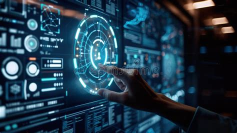 futuristic touchscreen interface for data management stock image