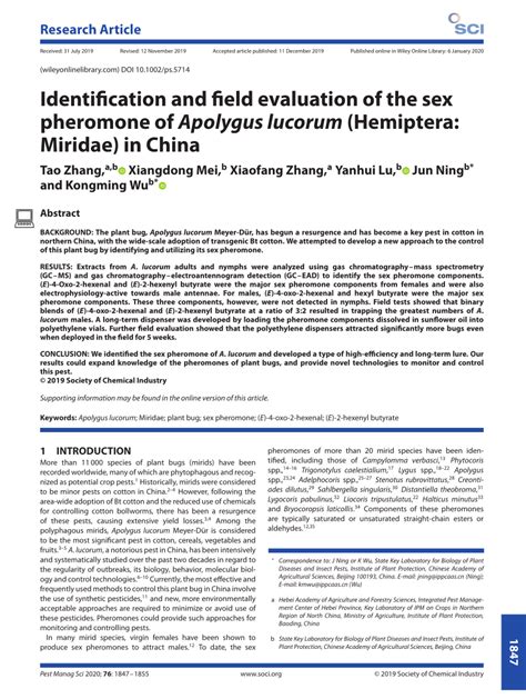Pdf Identification And Field Evaluation Of The Sex Pheromone Of Apolygus Lucorum Hemiptera