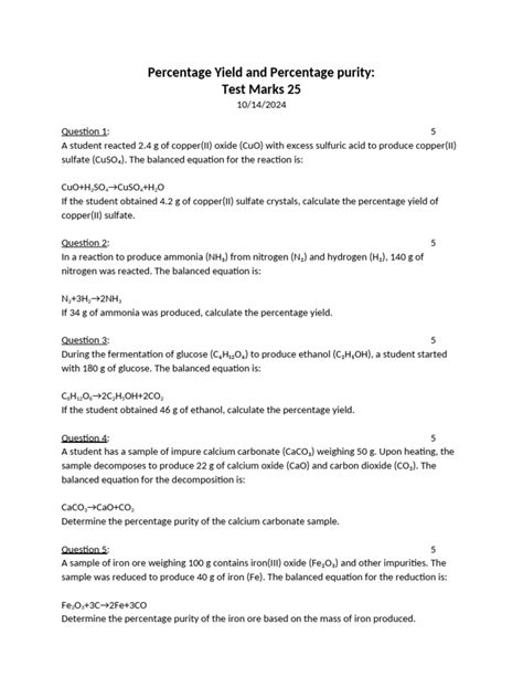 Percentage Yield And Percentage Purity Questions For Igcse Pdf