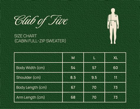 Size Chart Full Zip Sweater Club Of Five