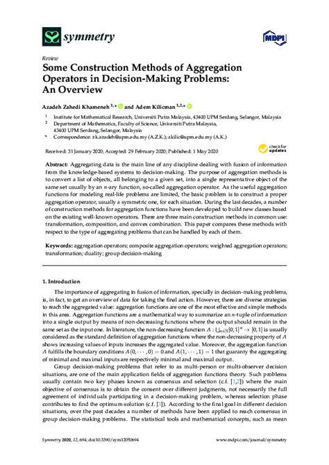 Pdf Some Construction Methods Of Aggregation Operators In Decision Making Problems An Overview