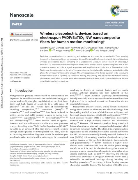 Pdf Wireless Piezoelectric Device Based On Electrospun Pvdfbatio3 Nw