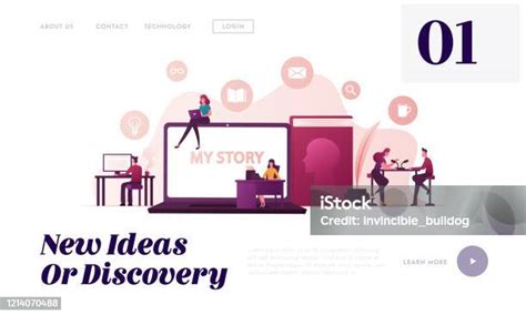 전기 방문 페이지 템플릿을 작성하는 작은 사람들 내 이야기 비문과 거대한 노트북 라디오 호스트 인터뷰 스튜디오에서 유명한 사람