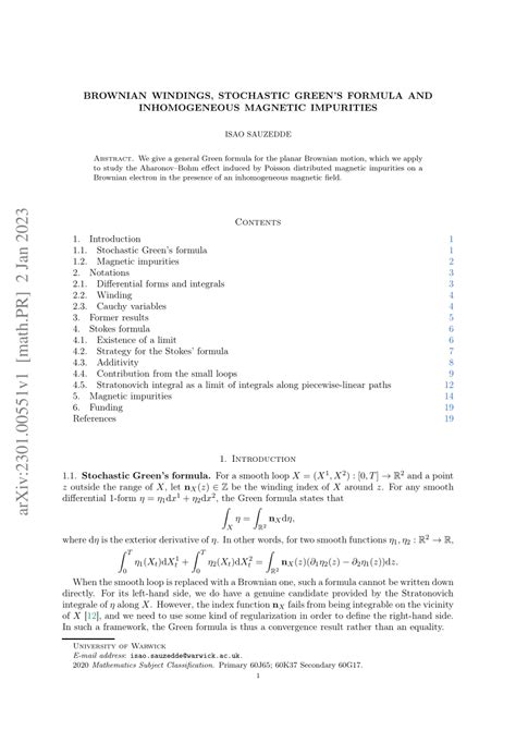 Pdf Brownian Windings Stochastic Greens Formula And Inhomogeneous Magnetic Impurities