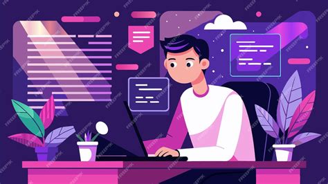 A Cartoon Of A Man Working At A Computer With A Purple Background With A Man Working On It