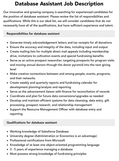 Database Assistant Job Description Velvet Jobs
