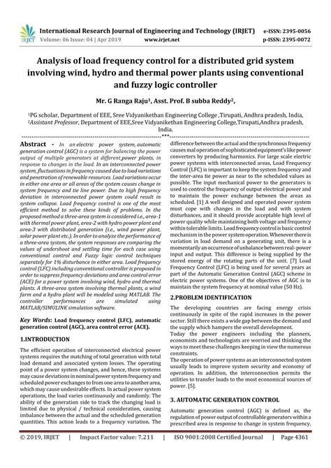Irjet Analysis Of Load Frequency Control For A Distributed Grid System Involving Wind Hydro