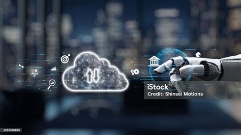 미래 지향적 인 로봇 손은 현대 도시 환경에서 디지털 클라우드 및 데이터 아이콘과 상호 작용하며 자동화 및 혁신의 기술 개념입니다 오바나 0명에 대한 스톡 사진 및 기타