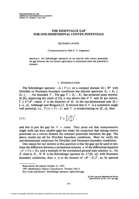 Pdf The Eigenvalue Gap For One Dimensional Convex Potentials