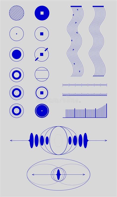 Series Of Blue Sound Wave Patterns And Geometric Shapes On Pale Background Visual Elements On