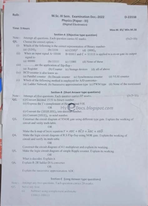 Msc Physics Digital Electronics 3rd Sem Pre Year Q Papers Myedocs • मेरे लेख्य