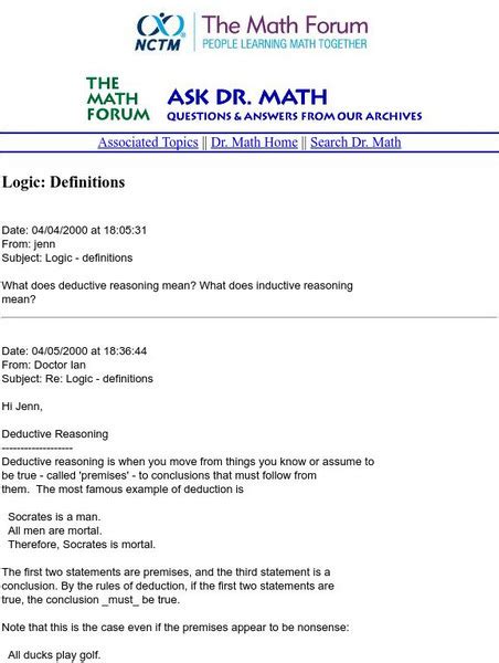 the math forum ask dr math logic definitions inductive and deductive activity for 9th 10th