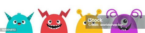즐거운 할로윈 보내세요 몬스터 세트 라인 재밌는 얼굴 머리 귀여운 만화 카와이 무서운 캐릭터 형형색색의 몬스터들 다른 감정