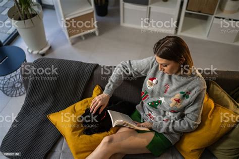거실에서 소파에 앉아 있는 여자와 그녀의 개가 옆에 누워있는 동안 책을 읽는 다 가축에 대한 스톡 사진 및 기타 이미지 가축 개 개과 Istock