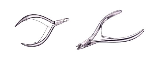 수채화 집게 상단 및 등각 투영 뷰 매니큐어 강철 도구 장비 액세서리 큐티클 손톱을 자르는 도구 작은 가위 손으로 그린 그림 그림은 흰색에 고립되어 있습니다 가위에 대한