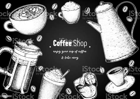 커피 컵 프렌치 프레스 커피 포트 및 콩 일러스트레이션 커피숍빈티지 디자인 새겨진 벡터 그림입니다 0명에 대한 스톡 벡터 아트