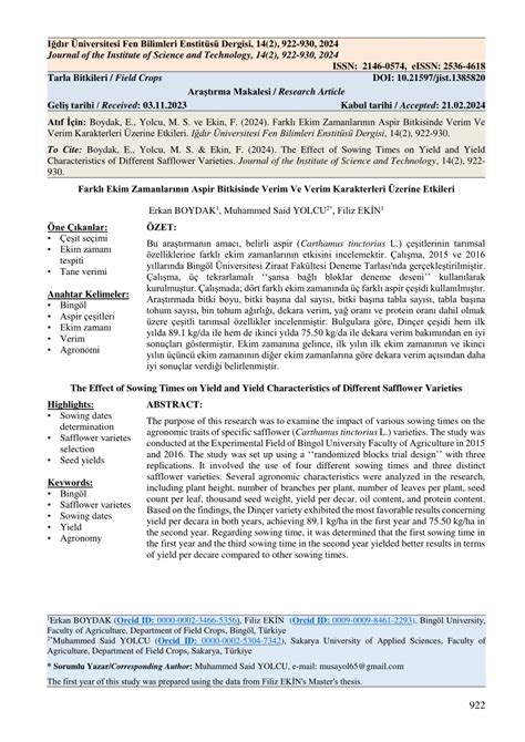 Pdf The Effect Of Sowing Times On Yield And Yield Characteristics Of