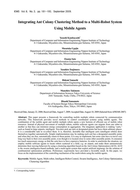 Pdf Integrating Ant Colony Clustering Method To A Multi Robot System