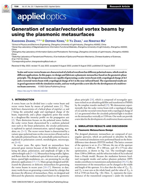 Generation Of Scalarvectorial Vortex Beams By Using The Plasmonic Metasurfaces Request Pdf