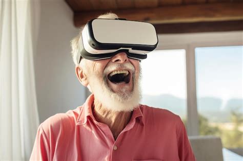 Premium Ai Image Excited Old Man Using Virtual Reality Headset Device At Home