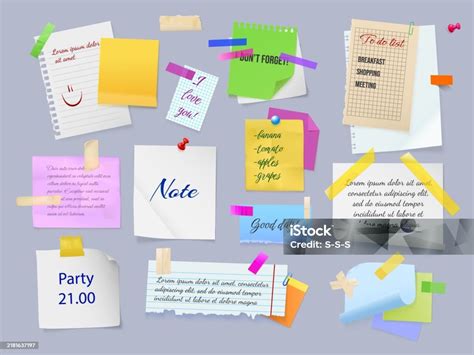 사실적인 스티커 메모 종이 메모 또는 찢어진 메모 스티커 책갈피 메모장 페이지 학교 메모리 시트 게시판 클립 또는 핀 메시지 목록 세트 정확한 3d 벡터 일러스트 레이 션에