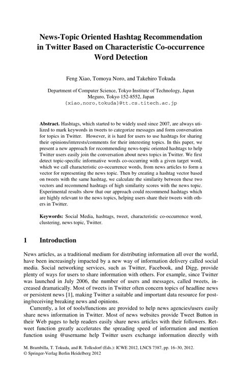 Pdf News Topic Oriented Hashtag Recommendation In Twitter Based On Characteristic Co