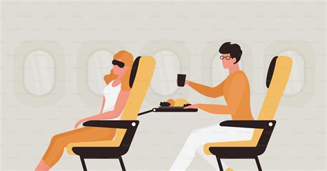 승객들은 비행기 내부 창가의 좌석에 앉습니다 만화 사람들은 비행기로 여행하고 여자는 얼굴에 수면 마스크를 쓰고 앉아 있고