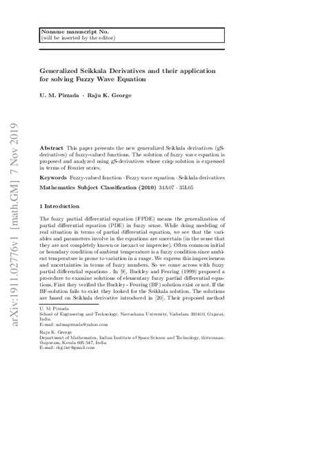 Pdf Generalized Seikkala Derivatives And Their Application For Solving Fuzzy Wave Equation
