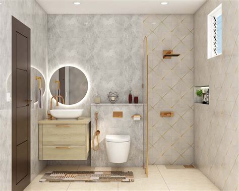 Premium Bathroom Design With Brass Fittings And Golden Tinted Walls