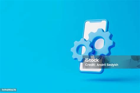 복사 공간이 있는 파란색 배경에 흰색 화면 스마트폰이 있는 톱니바퀴 아이콘 3차원 형태에 대한 스톡 사진 및 기타 이미지 3차원 형태 다운로드 수리 Istock